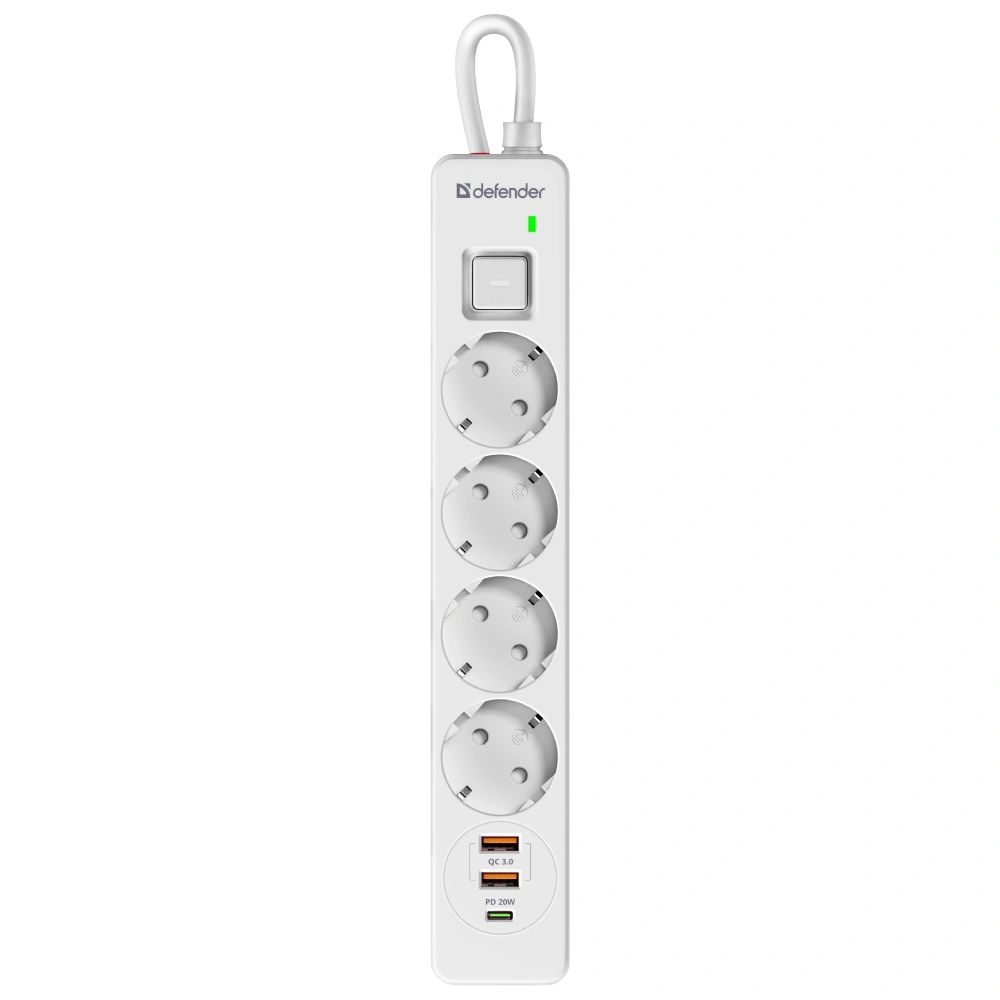 99434 Сетевой фильтр Defen der DFS 143 - 3,0 М, 4 розеток, 2xUSB, 1xType-C White