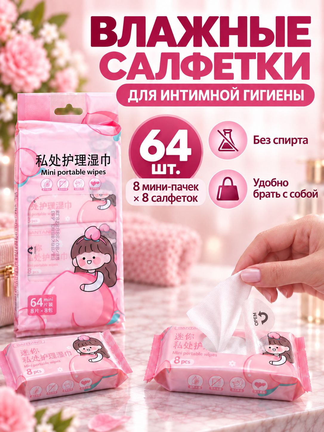 Салфетки для интимной гигиены влажные женские, 64 шт