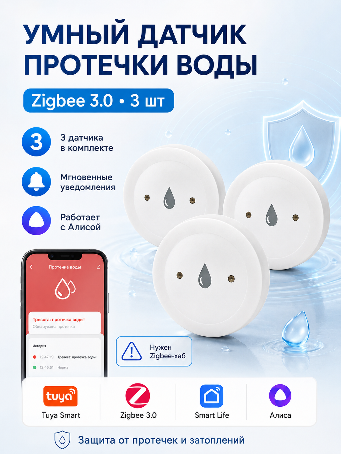 Умный датчик протечки воды Zigbee 3.0, Tuya Smart Life, с Алисой через хаб, 3 шт, белый