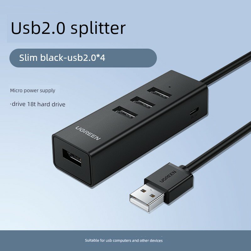 Адаптер USB 2.0 4-портового хаба с 0,25м тонким кабелем, микро-питанием, совместимый с ПК и ноутбуками