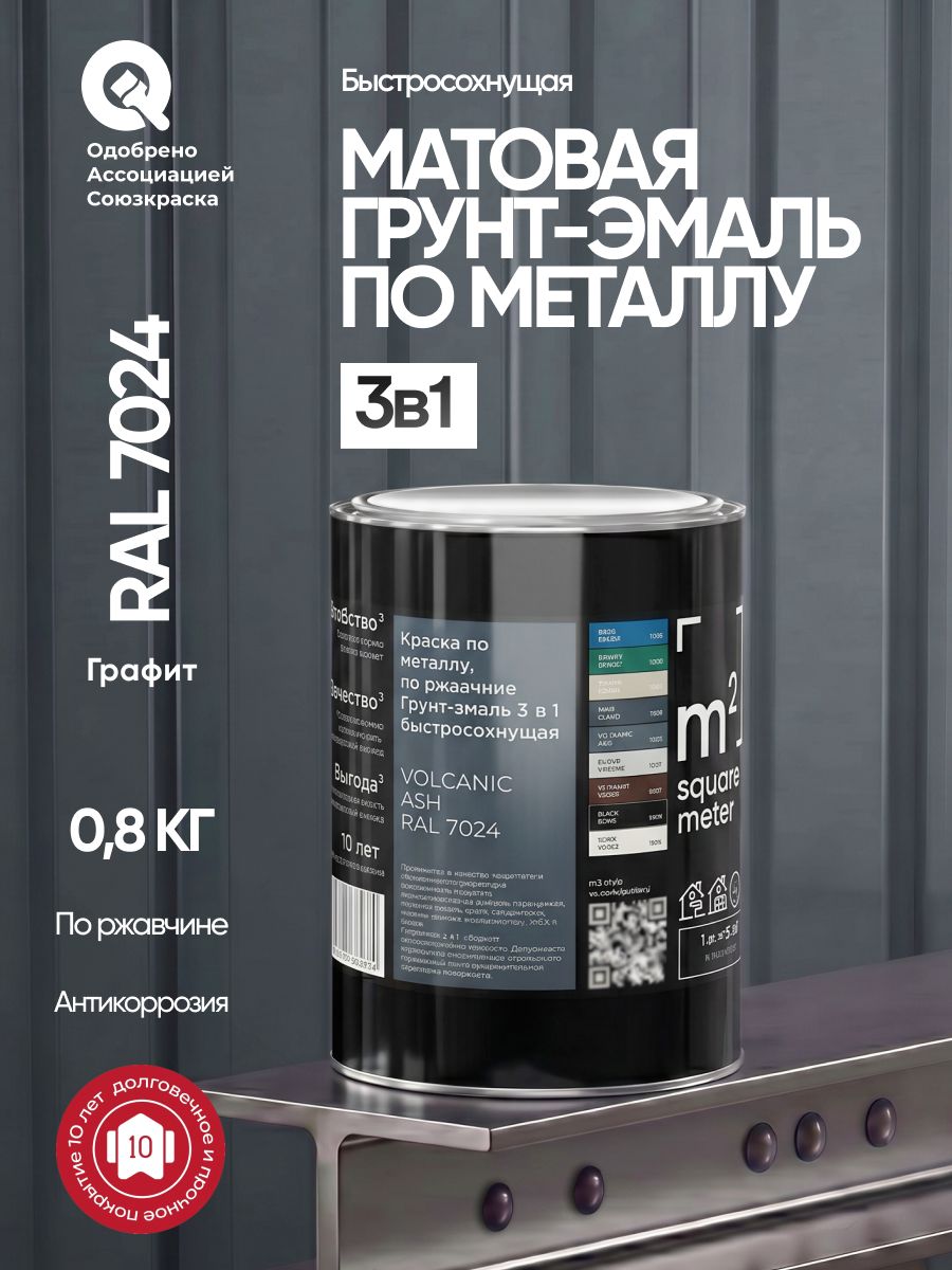 Грунт-эмаль m2 3 в 1, краска по металлу, по ржавчине, быстросохнущая, матовое покрытие, графит, серая RAL 7024 0,8 кг