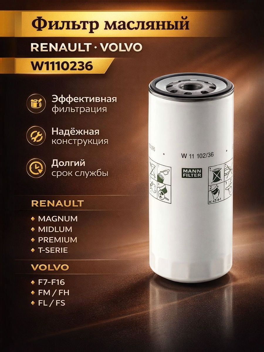 Фильтр масляный MANN-FILTER W1110236. для Renault TRUCK Magnum Volvo TRUCK FL10 Ренаулт Волво