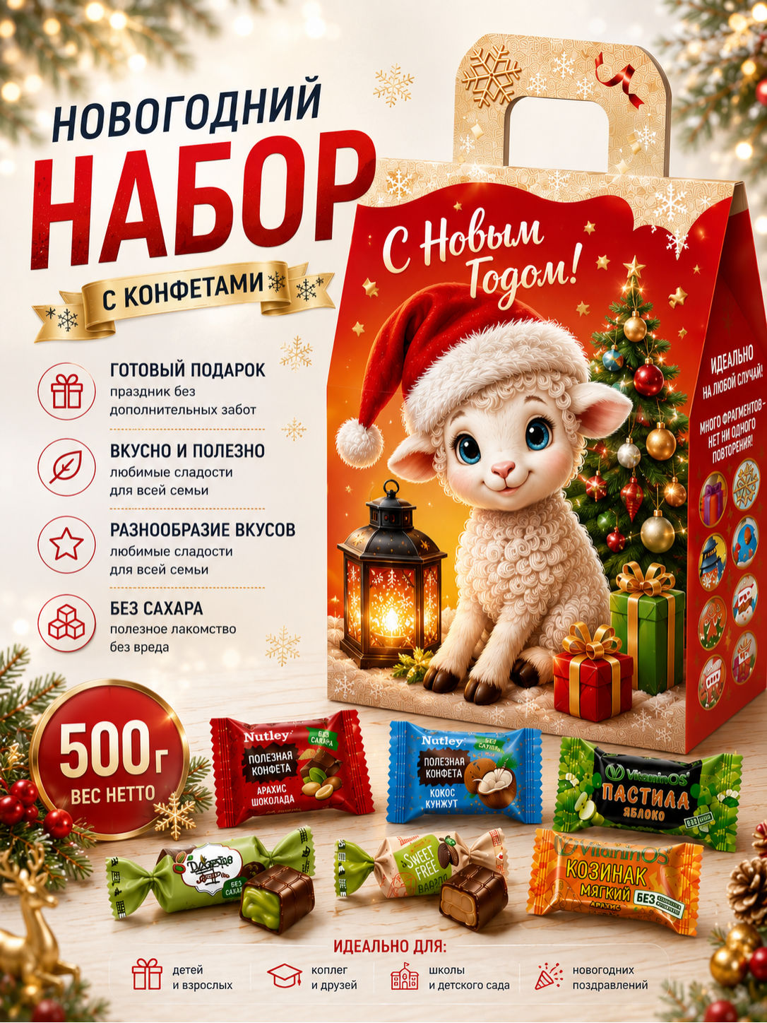 Новогодний подарок сладкий детский без сахара без глютена, Символ года Овечка, 500 г