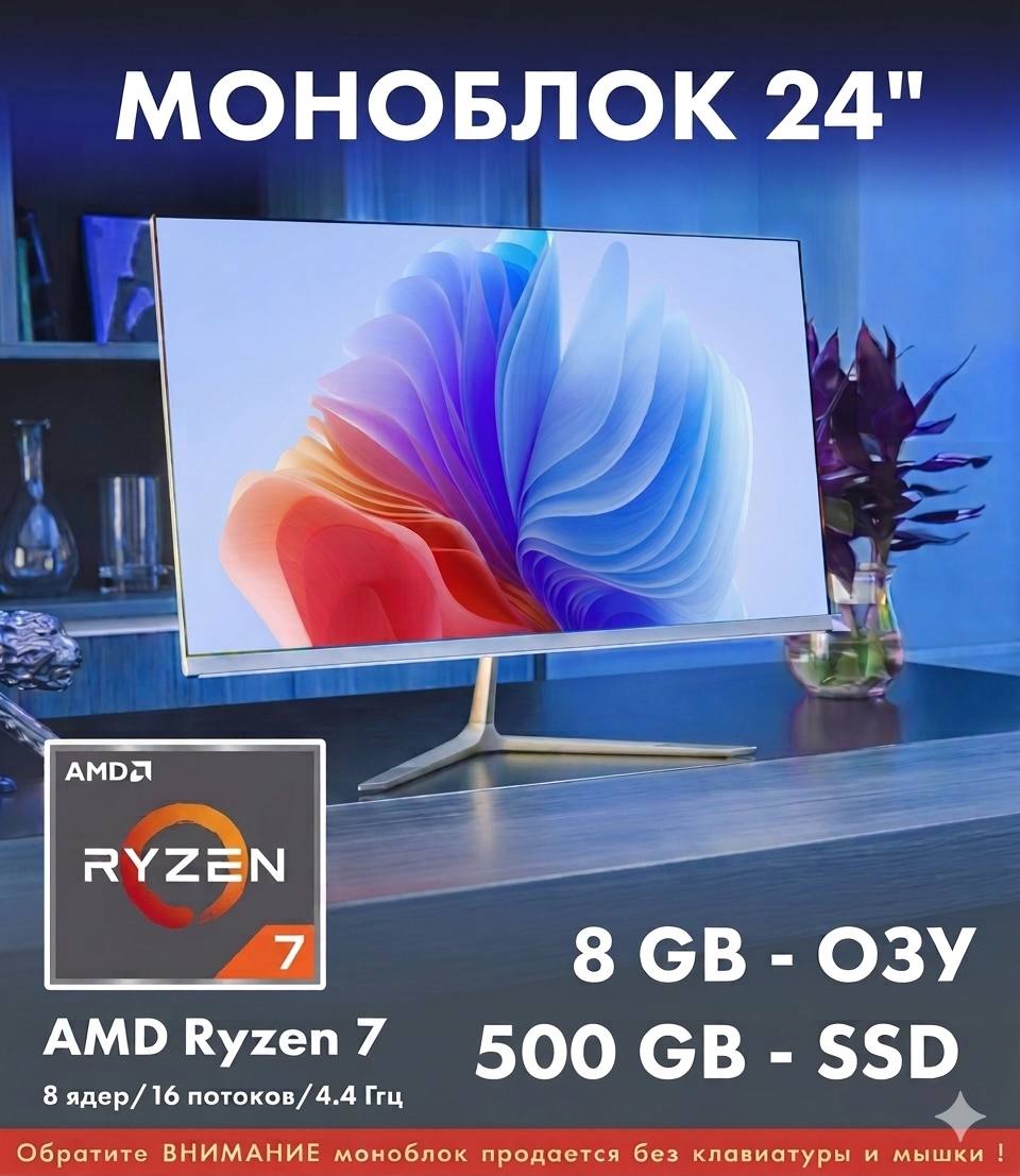 24" Моноблок Ryzen 7-5800U (8 ядер/16 потоков/4.4 Ггц) 8GB, SSD 500GB