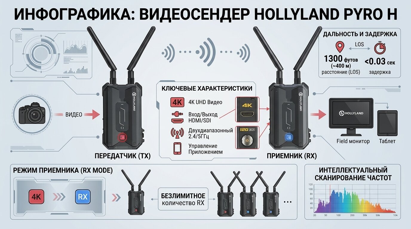 Видеосендер Hollyland Pyro H RX + TX 2.4G + 5.8G HDMI 1.4b 400 м