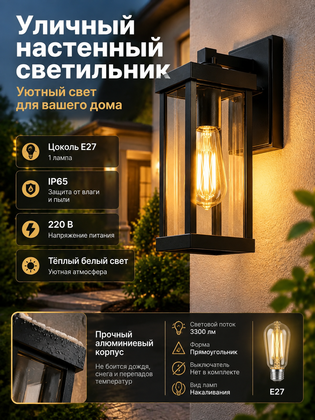 Уличный фасадный светильник E27 на 1 лампу, IP65, 220 В, тёплый белый свет