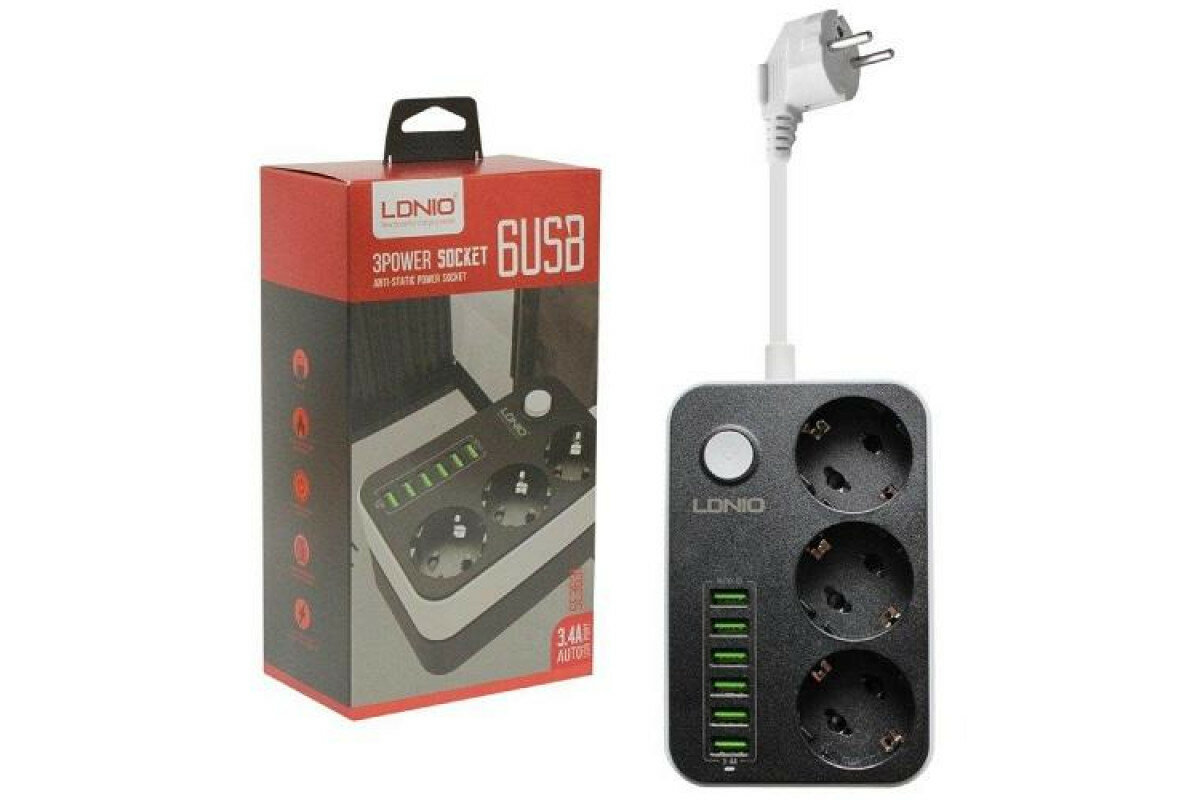 Переходник СЗУ на 6 USB 3.4A 3 розетки SE3631 LDNIO