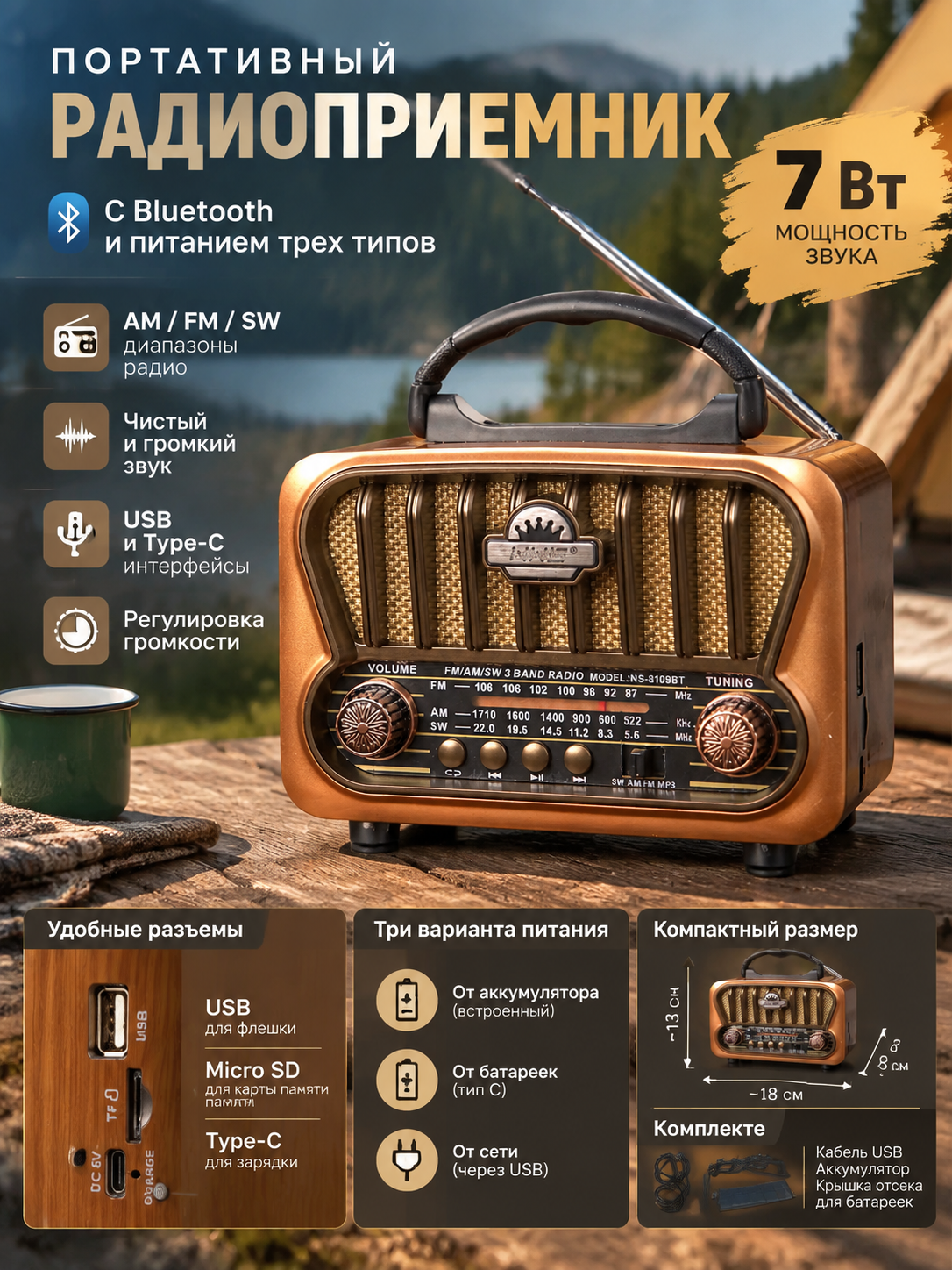 Портативный аналоговый радиоприемник AM/FM/SW с Bluetooth и питанием трех типов, 7 Вт