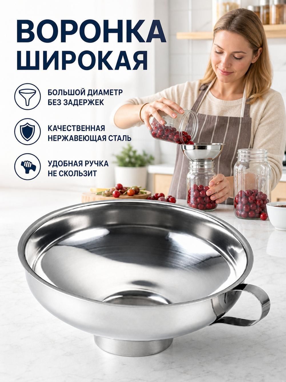 Широкая воронка из нержавеющей стали, утолщённая для соусов и варенья, многофункциональный инструмент для разлива жидкостей и сыпучих продуктов
