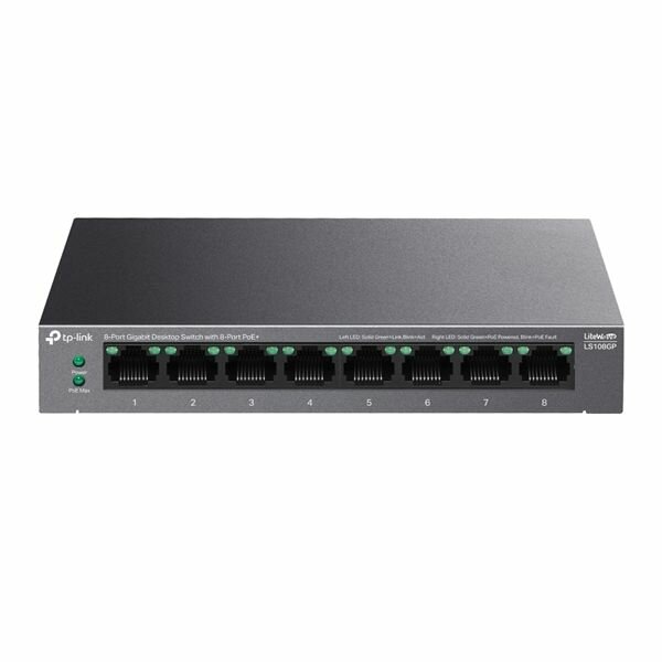 TP-Link LS108GP, Настольный коммутатор с 8 гигабитными портами PoE+, 802.3af/at, бюджет PoE — 62 Вт, до 250 метров