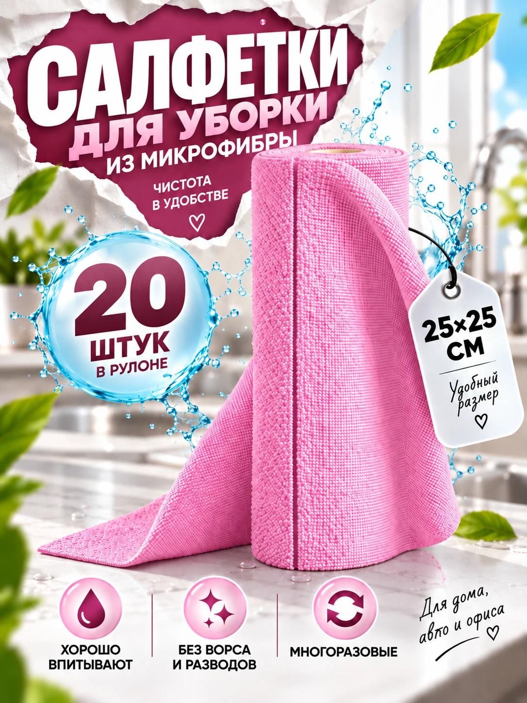 Салфетки из микрофибры в рулоне 20 шт, многоразовые тряпки для уборки дома и автомобиля
