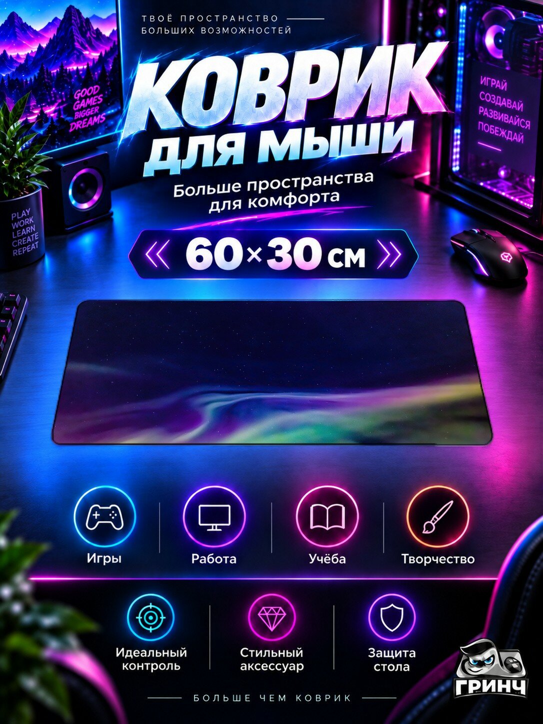 Игровой коврик для мыши и клавиатуры Aurora Northern Lights Sky Сияние Северное сияние 60х40 см XL
