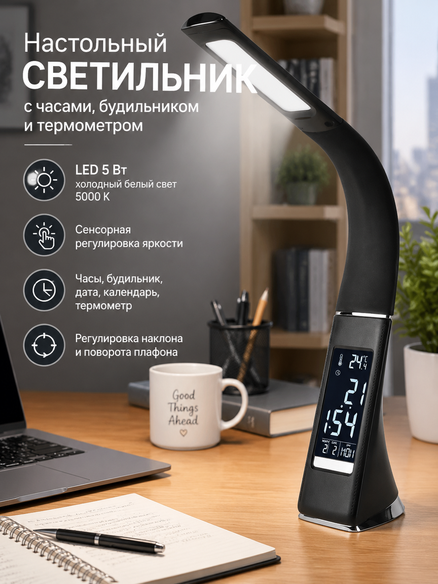 LED-светильник для стола с часами, будильником и термометром, сенсорная регулировка яркости, черный