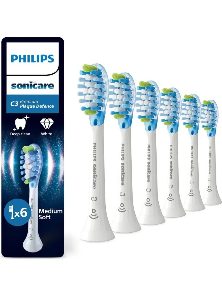 Насадка для электрической зубной щетки Philips Sonicare C3 Premium Plague Defense HX9042/17 для эффективного удаления налёта, 6шт