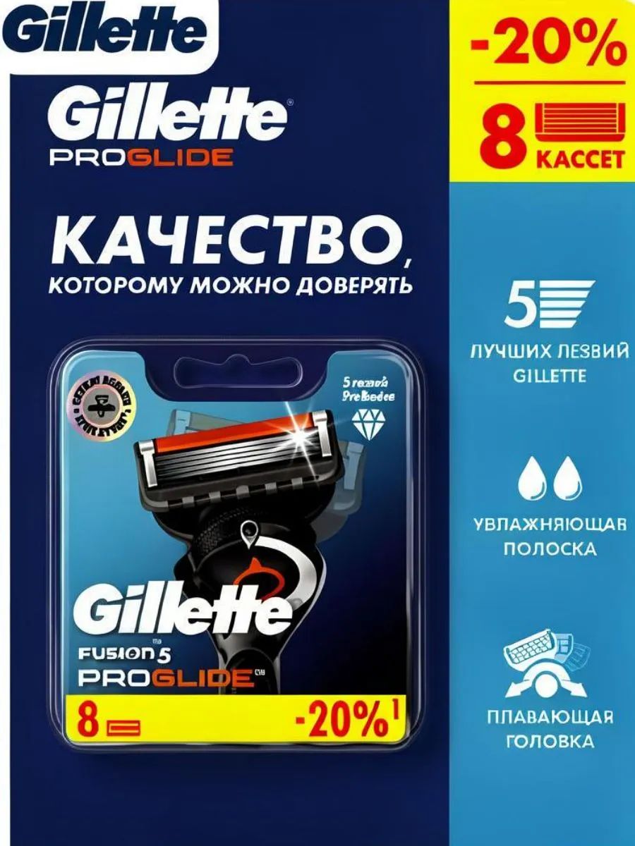 Gillette Fusion ProGlide Сменные кассеты с 5 лезвиями для бритья/ 8 шт, Лезвия для бритвы мужские