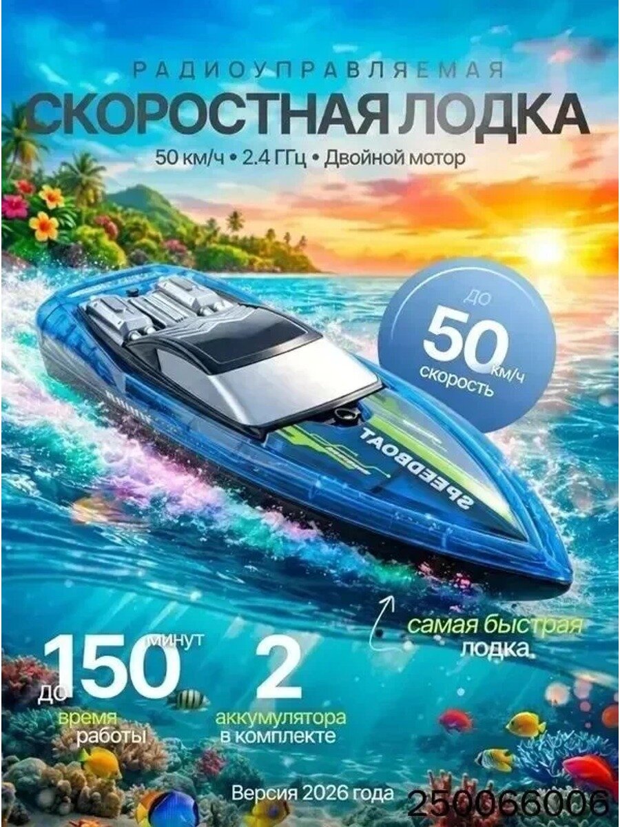 Лодка на радиоуправлении / катер радиоуправляемый + 2 аккумулятора, синяя 50 км/ч
