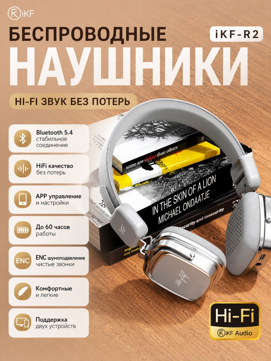 Беспроводные ретро-накладные наушники iKF R2 с Bluetooth 6.0, 40-мм Hi-Fi динамиками, ENC-шумоподавлением, задержкой 35 мс для игр и до 60 часов работы.