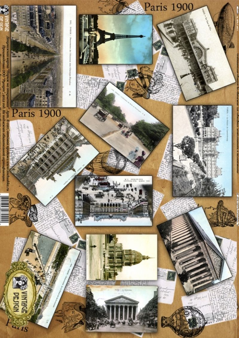 Рисовая бумага для декупажа Vintage Design Париж на открытках, декупажная карта для творчества винтаж