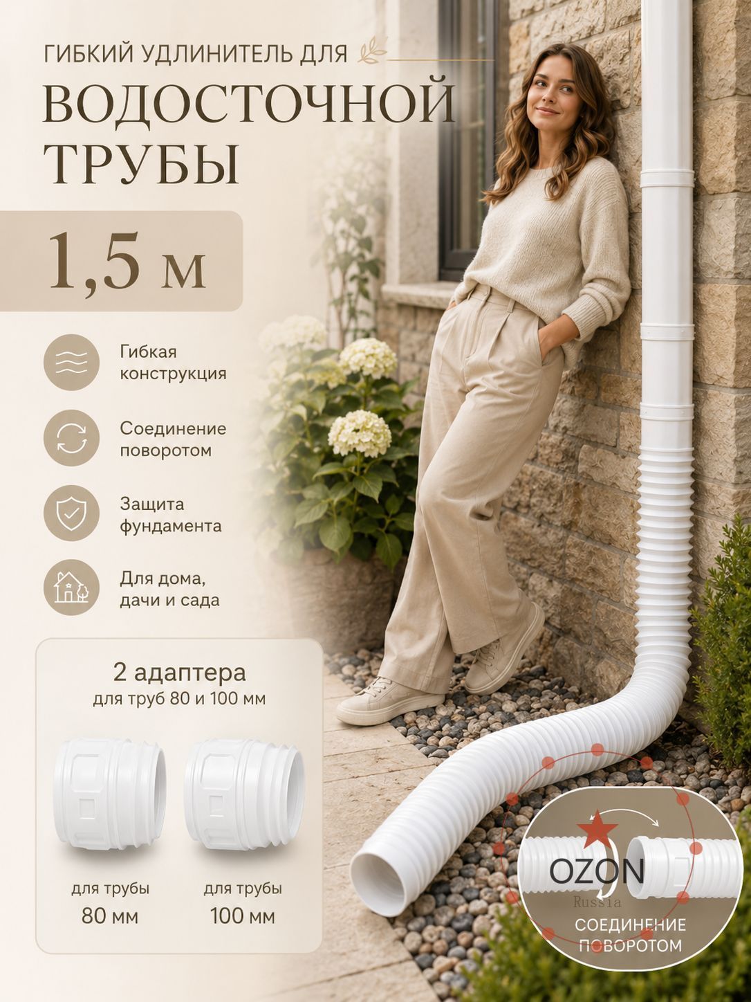 Комплект удлинителя водостока 50-160 см с адаптером 80/100 мм, регулируемый сливной шланг для ливневки и защиты отмостки