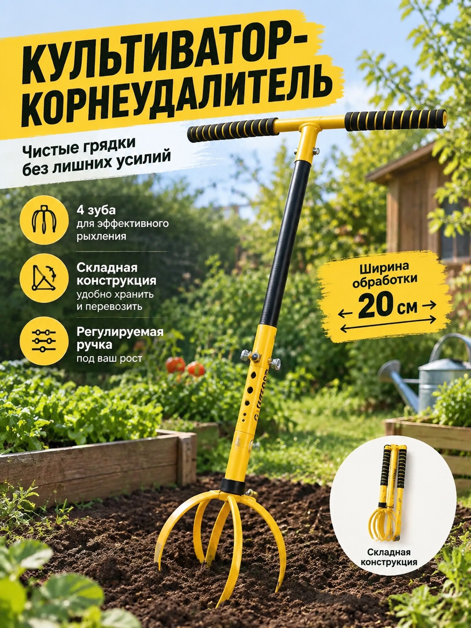 Культиватор-корнеудалитель ручной с 4 зубьями, складная регулируемая ручка