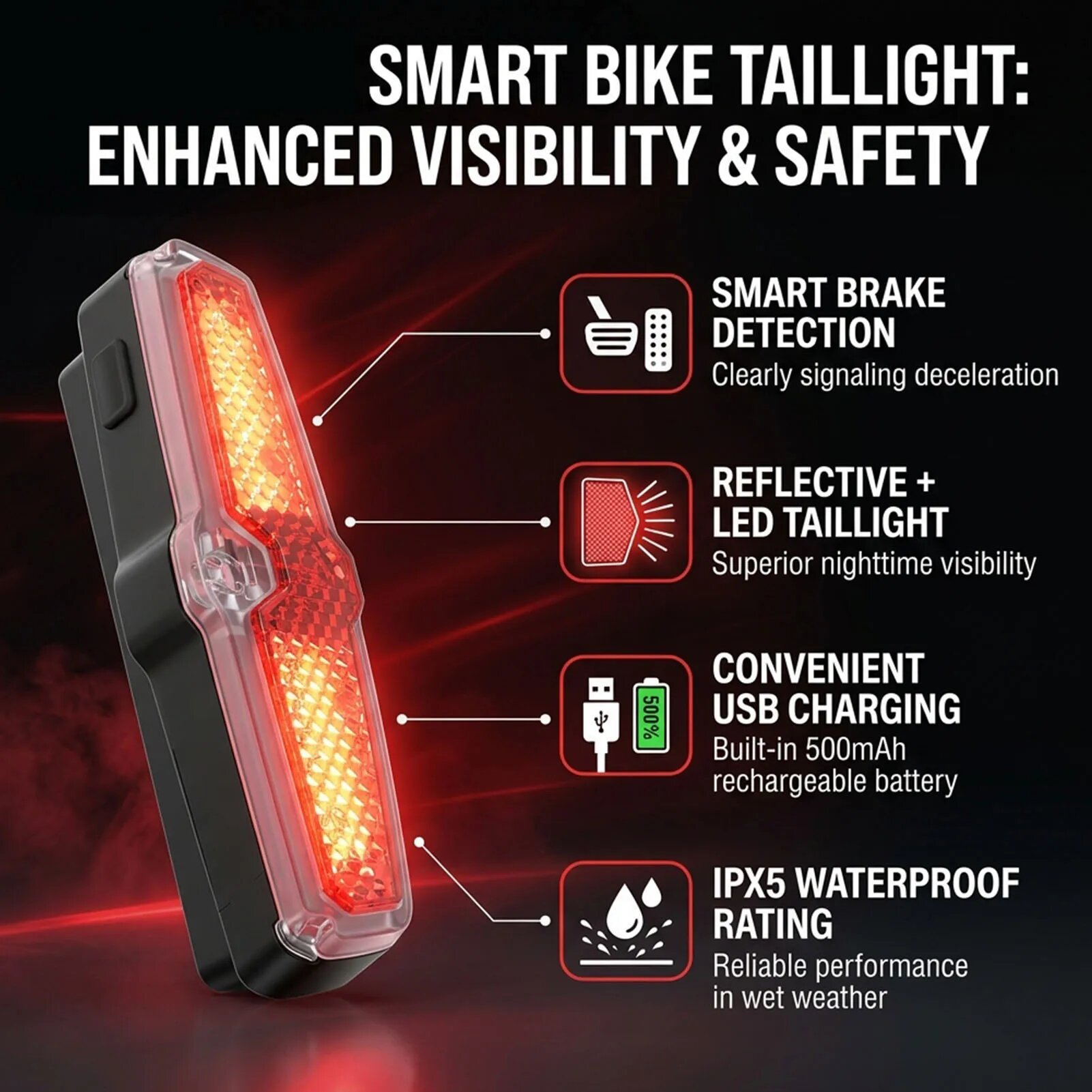Велофонарь задний Smart Brake Sensing IPX5