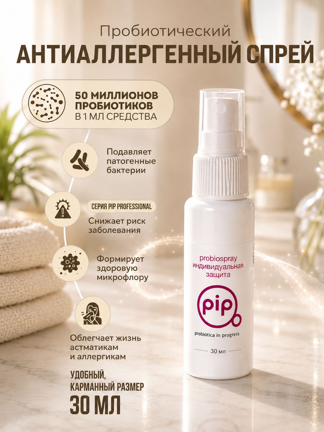 Спрей для ухода за кожей PIP антиаллергенный спрей, с пробиотиками 30 мл