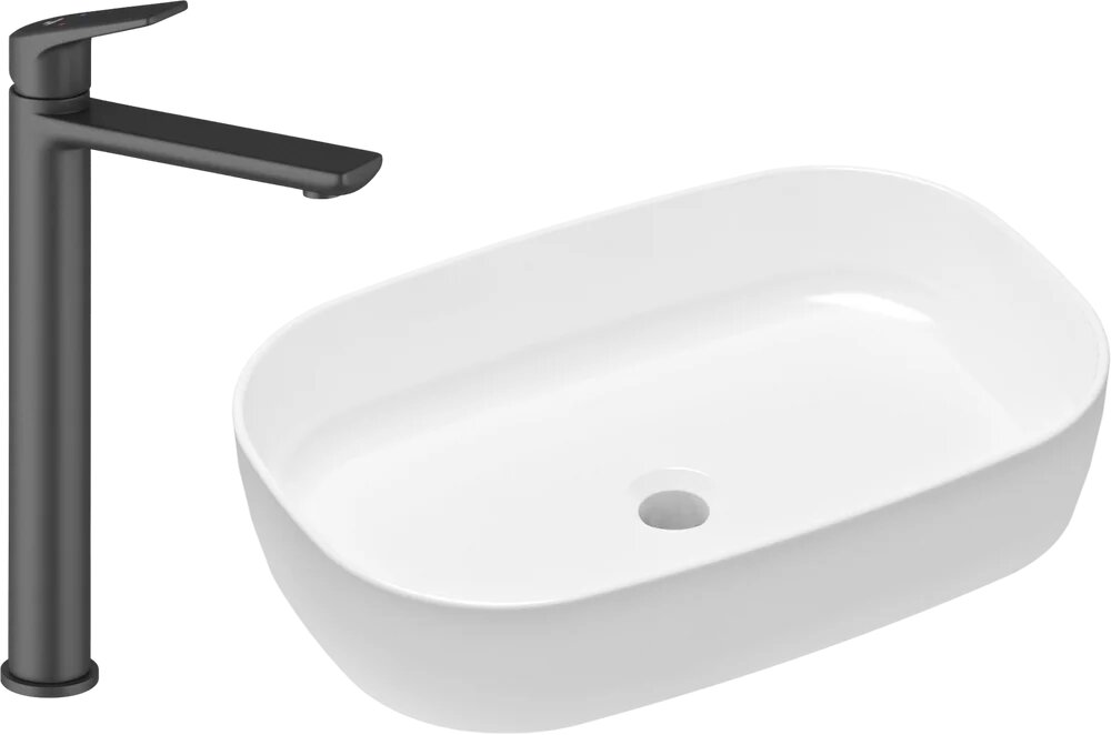 Комплект 2 в 1 Накладная раковина Lavinia Boho Bathroom Sink Slim 33311003 54 глянцевая белая / Смеситель Wellsee ICON! for life 182307000, матовый черный