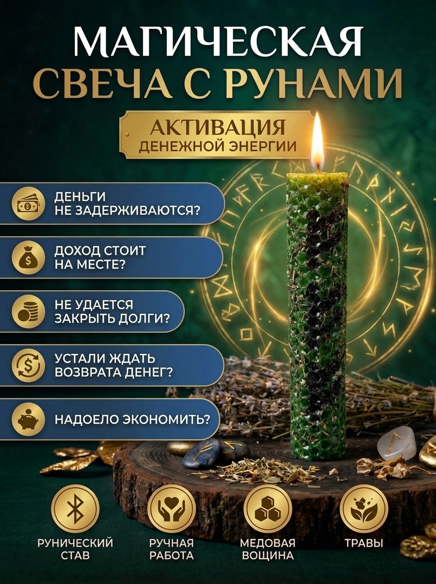 Магическая программная денежная свеча на прибыль и достаток из вощины с травами и руной Феху, ритуальная свеча ручной работы, 1 шт
