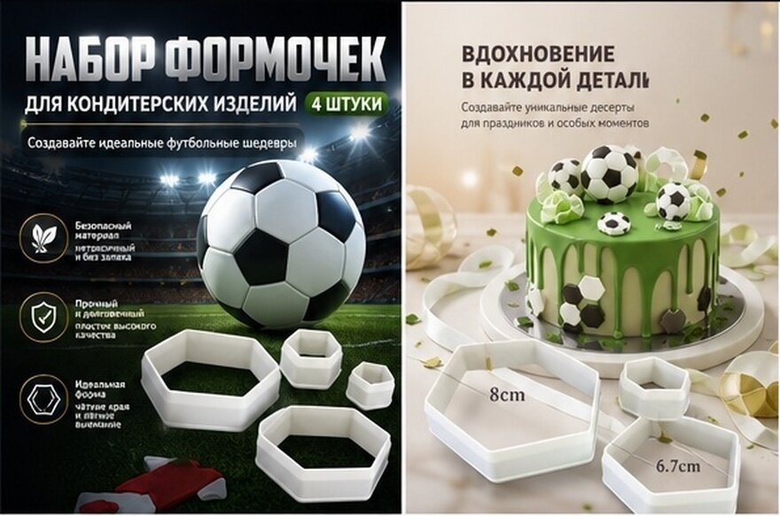 Футбольные Формы Для Теста 4 Штук Белый Цвет Подходит Для Печенья И Декорации Тортов Размеры По Вашим Нуждам