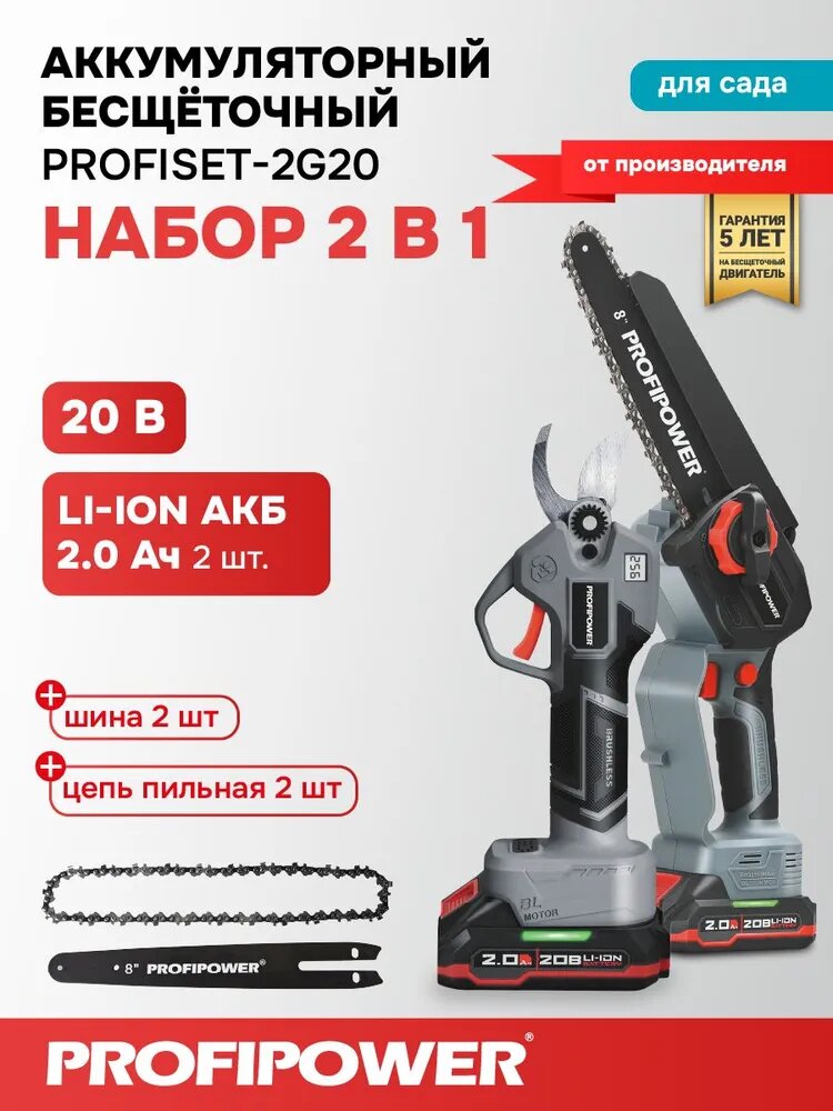Аккумуляторный бесщеточный набор 2в1 PROFIPOWER ProfiSet-2G20 (Li-ion-2шт 20В, 2.0Ач, З/У, в кейсе, E0099, E0216)