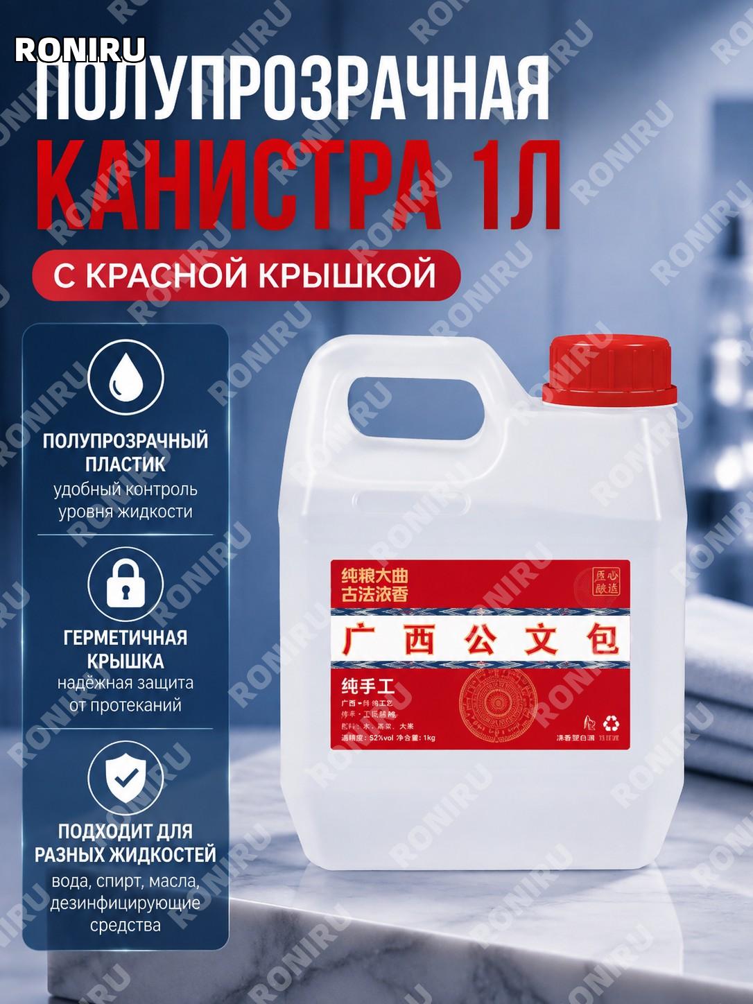 Бутылка-канистра 1 л полупрозрачная с красной крышкой и наклейкой портфеля для хранения жидкостей дома и работы