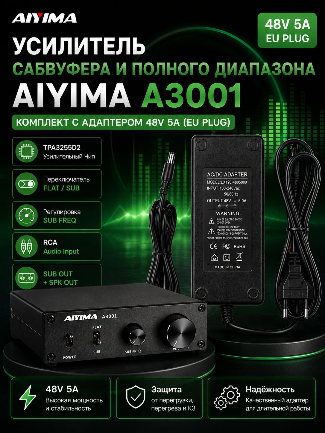 Усилитель мощности AIYIMA A3001 TPA3255 300 Вт, моноблок Class D для сабвуфера и акустики, с блоком питания 48V 5A, переключаемый НЧ/ФНЧ режим