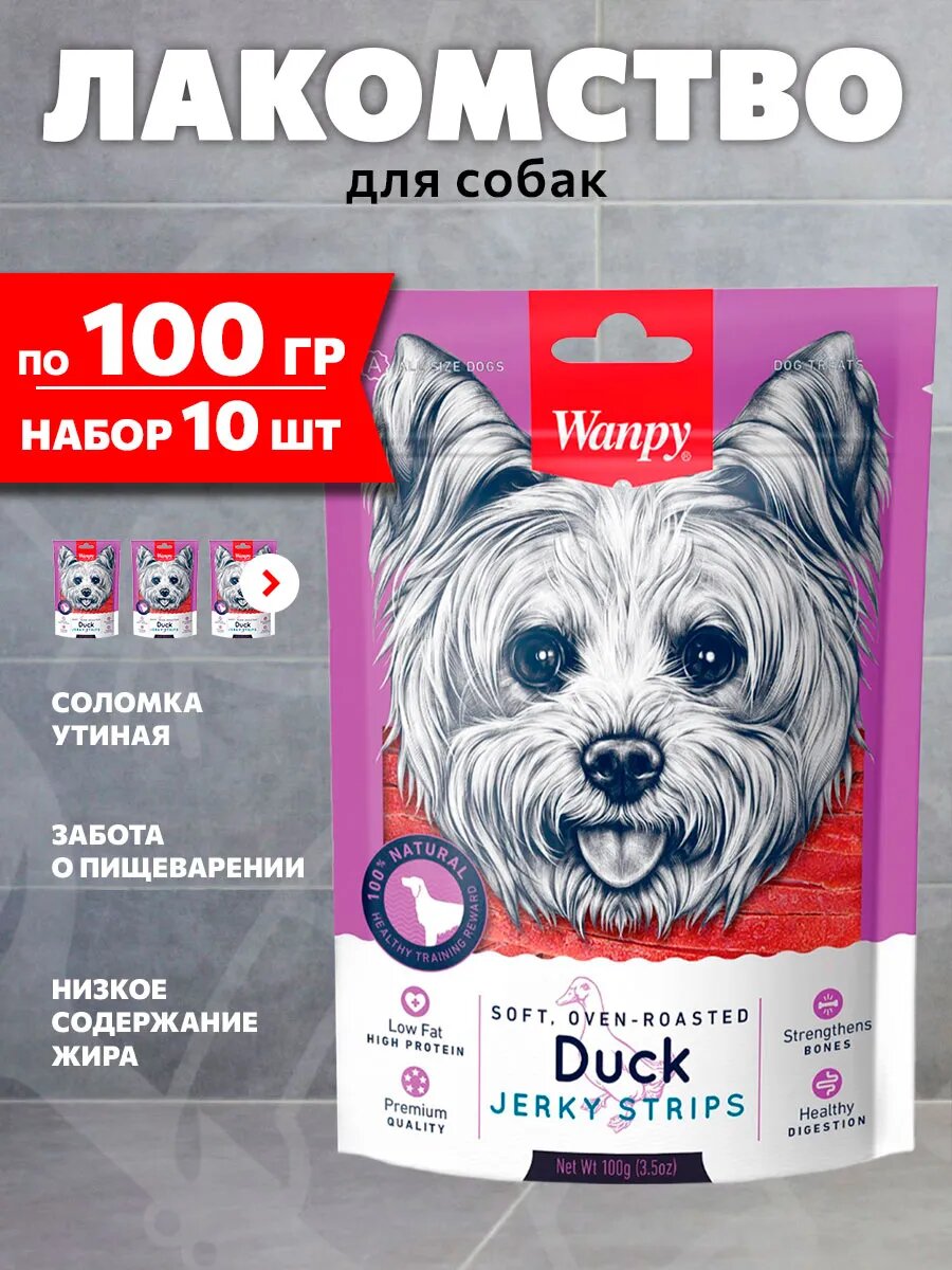 Лакомство Wanpy Dog для собак, соломка утиная, 100 г 10 шт