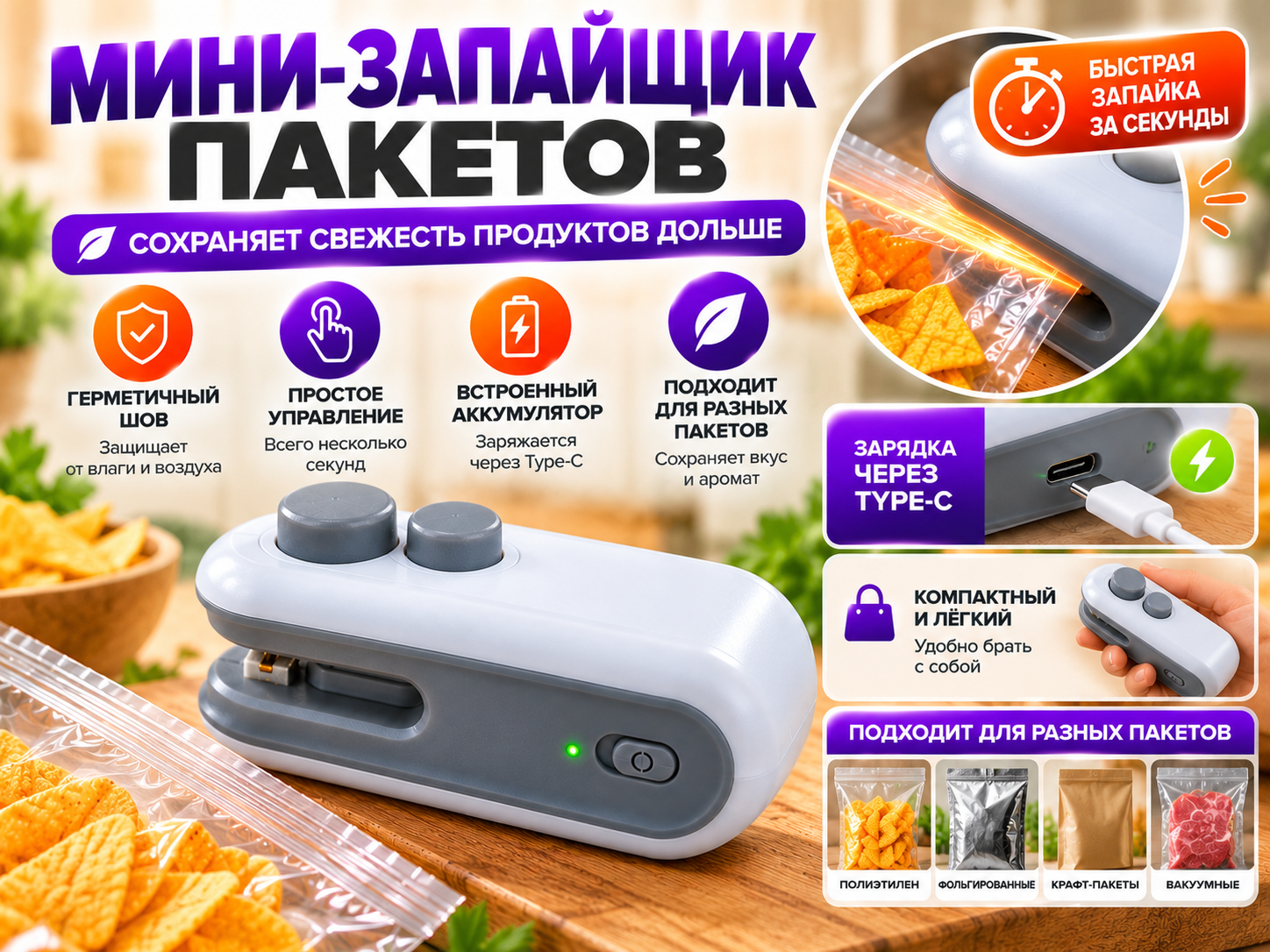Запайщик пакетов ручной 2 в 1, с ножом и магнитом для крепления на холодильник