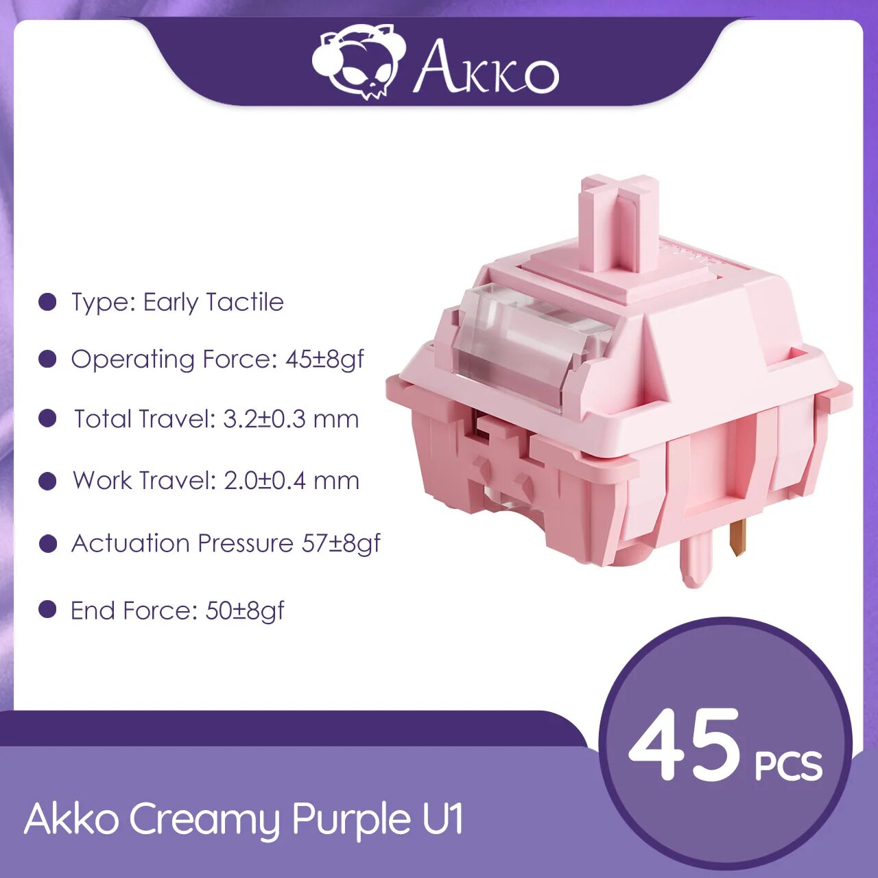 Переключатели Akko U1 линейные/тактильные 5-контакты Розовый, Creamy Purple 45pcs