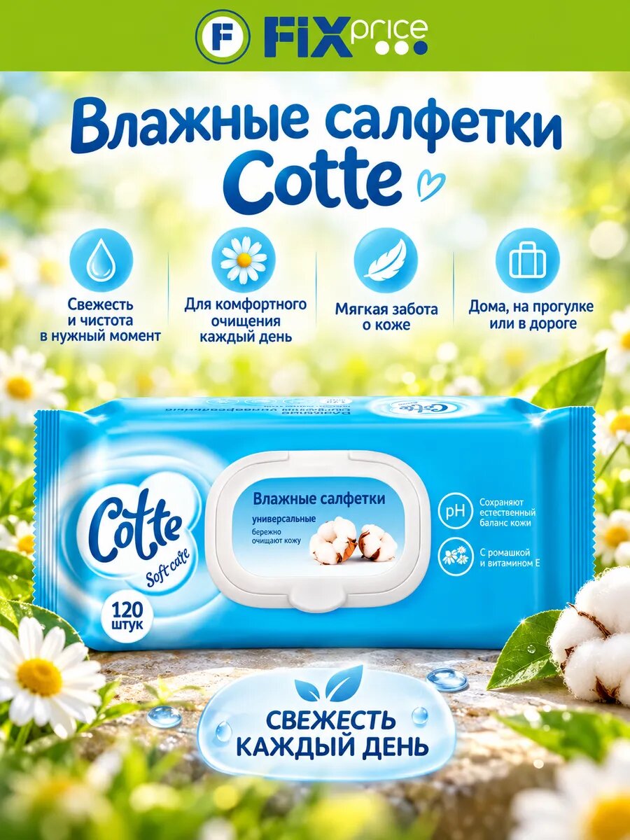 Влажные салфетки, Cotte, 120 шт.