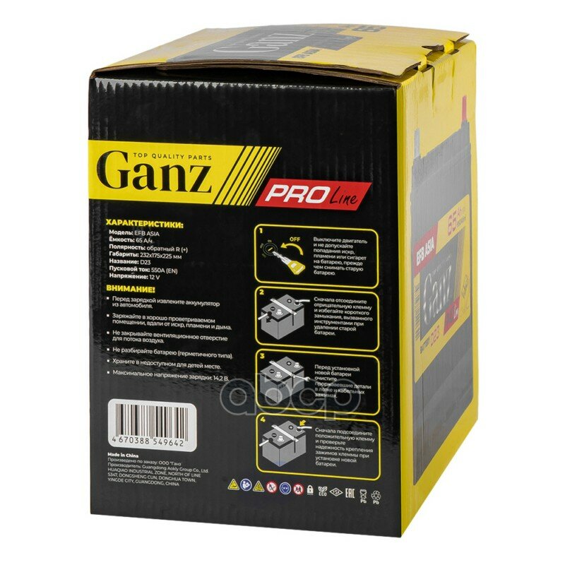 Аккумулятор GANZ PRO-Line EFB JIS Start-stop 65 А/ч обратный R+ 232x175x225 D23 EN 550 А GANZ арт. G3170650