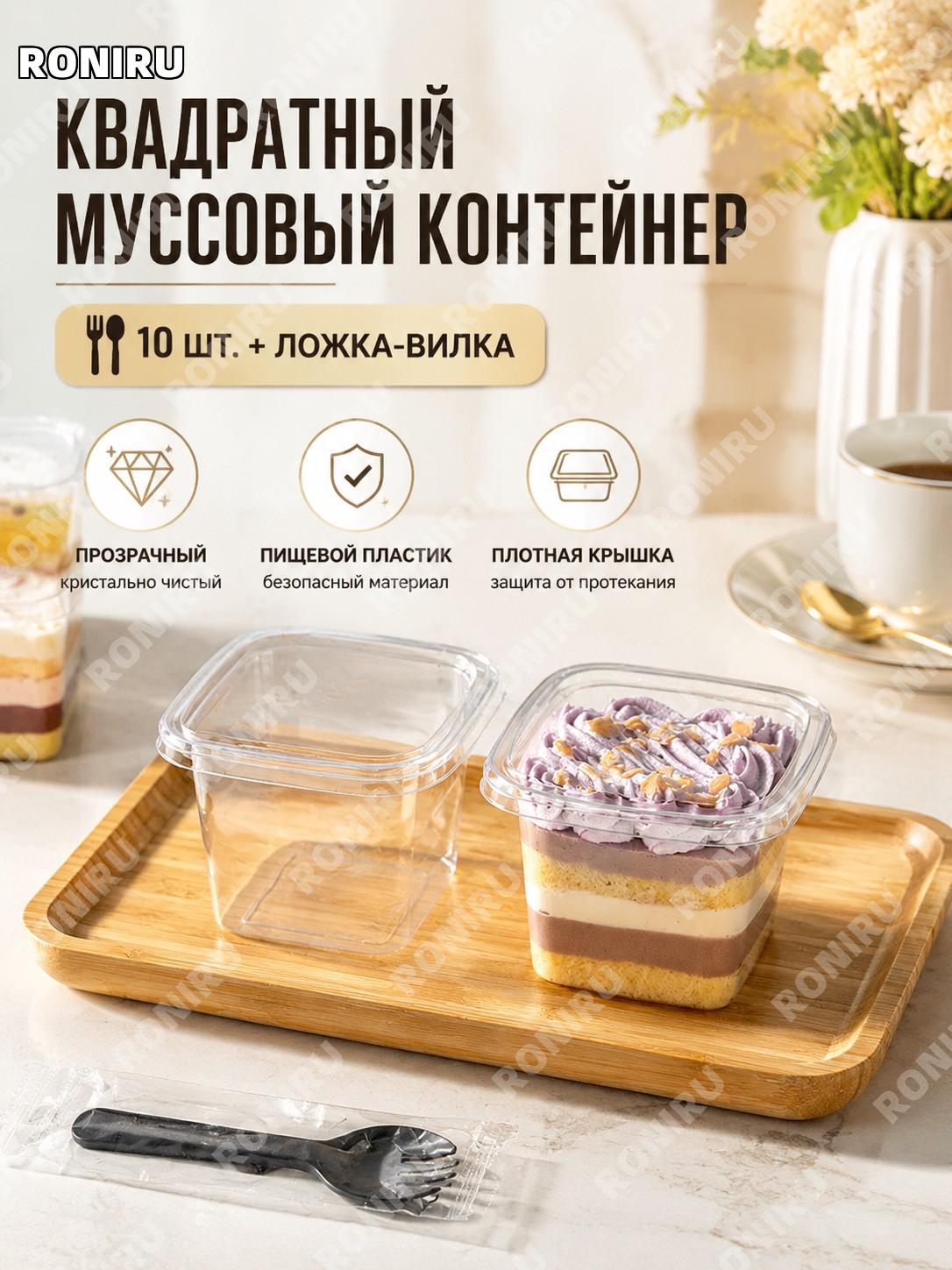 Набор квадратных коробок для муссовых десертов с вилкой и ложкой, 10 шт, прозрачные боксы для тортов и выпечки