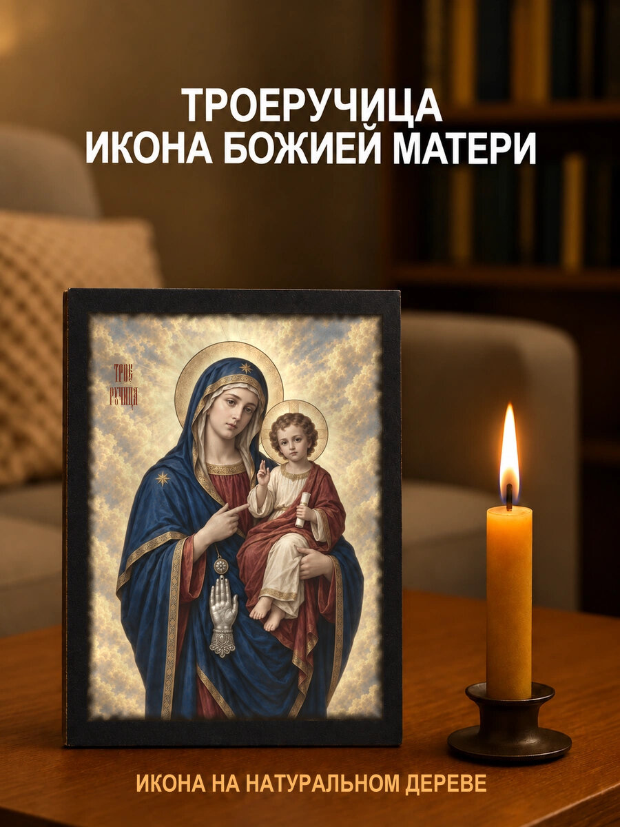 Икона «Троеручица икона Божией Матери» на натуральном дереве, 15×18 см, храмовая живопись, потёртое золото