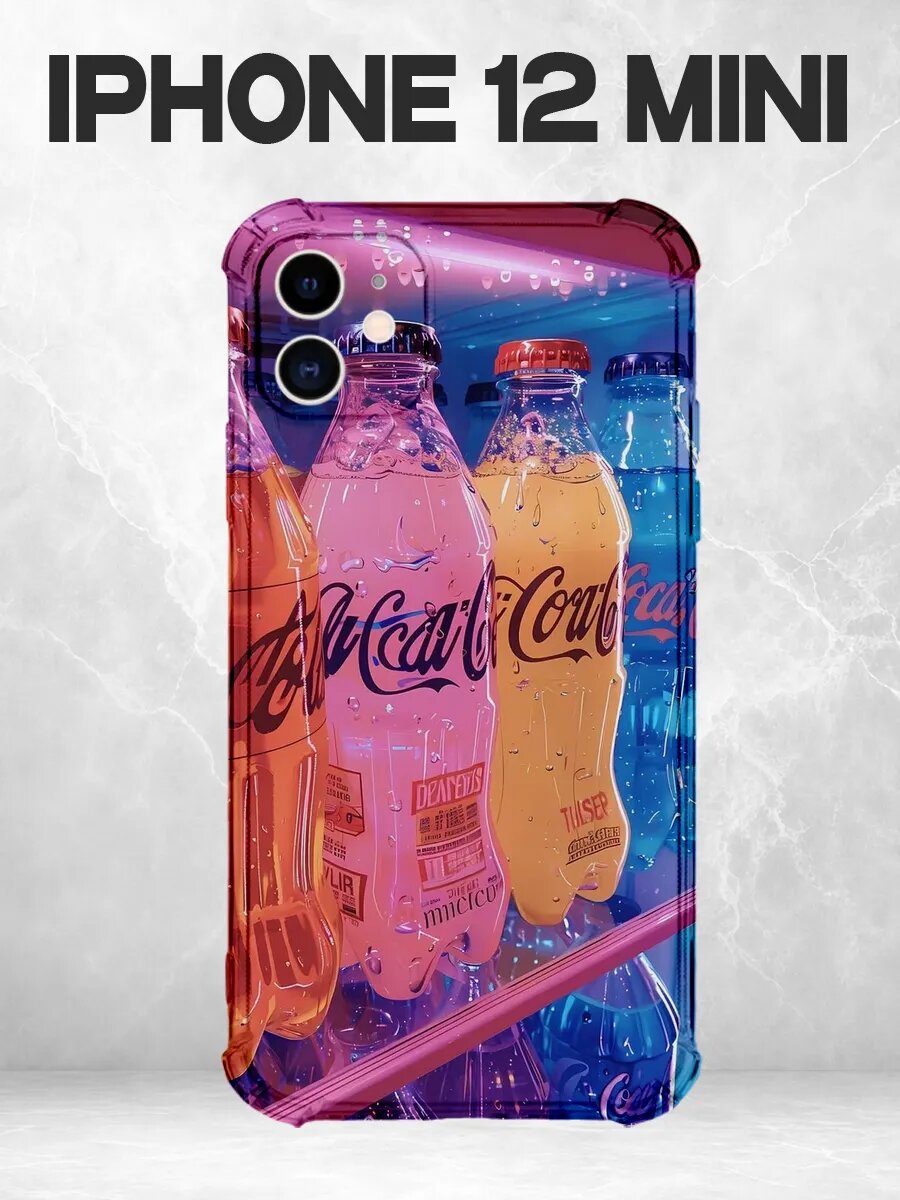 Чехол на iPhone 12 Mini с принтом Неоновые бутылки Coca-Cola
