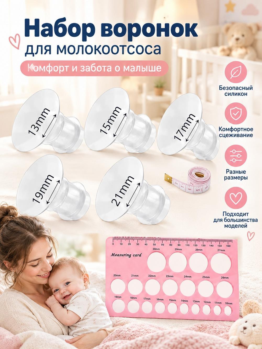 Вставки для молокоотсосов разных размеров: 13/15/17/19/21 мм, линейка для сосков, набор силиконовых вставок, все необходимое для кормления грудью