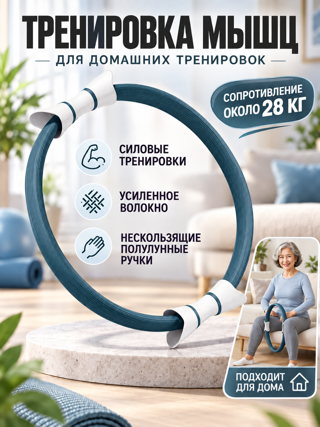 Кольцо для пилатеса черное, фитнес тренажер для тренировки мышц дома, усиленное волокно и нескользящие полулунные ручки