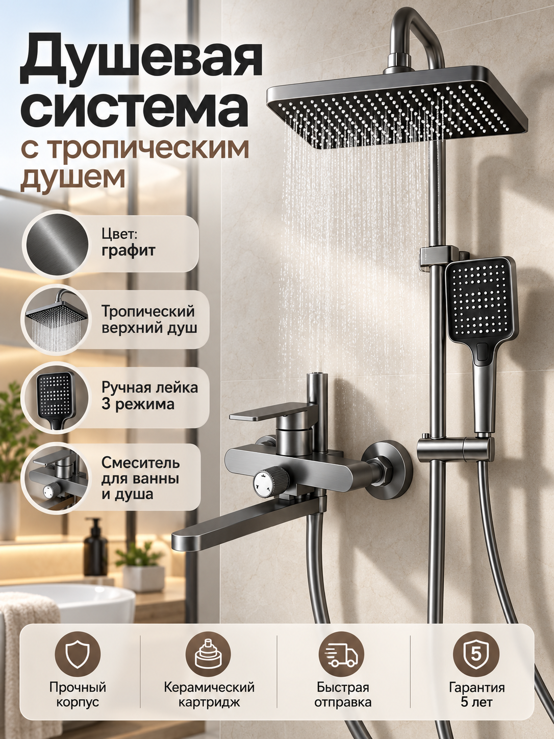 Душевая система с верхним тропическим душем и ручной лейкой, смесителем для ванны, графит