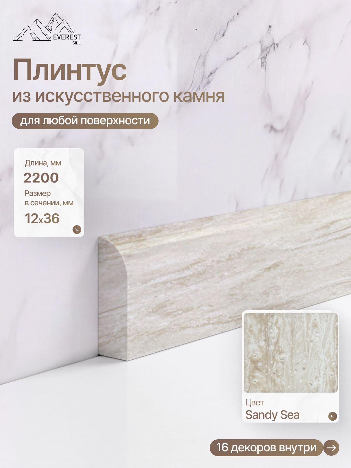 Плинтус-наличник из искусственного камня сечение 12x35 мм, длина 2200 мм, Sandy Sea