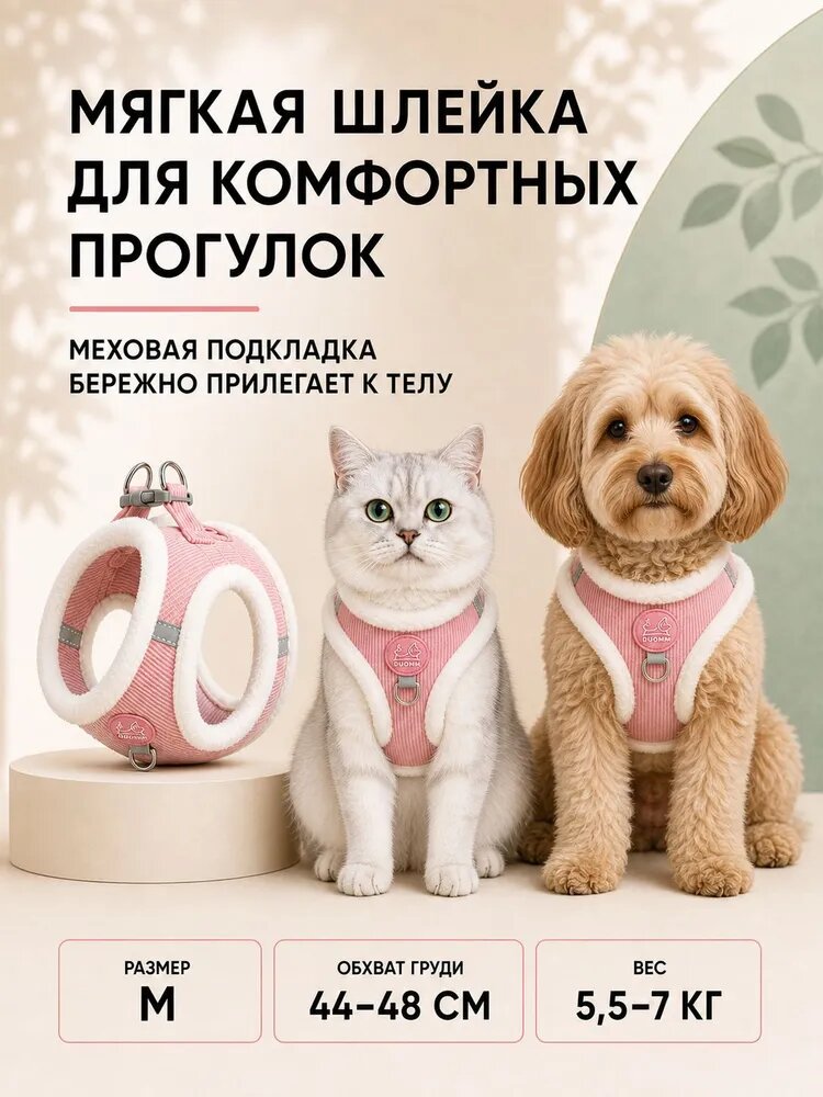 Шлейка для собак M розовая с мехом, мягкая прогулочная шлейка для маленьких и средних собак до 7 кг с поводком