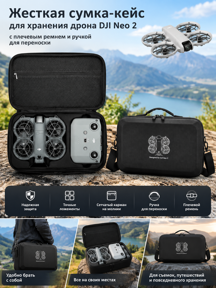 Жесткая сумка-кейс для хранения дрона DJI Neo 2 с плечевым ремнем и ручкой для переноски