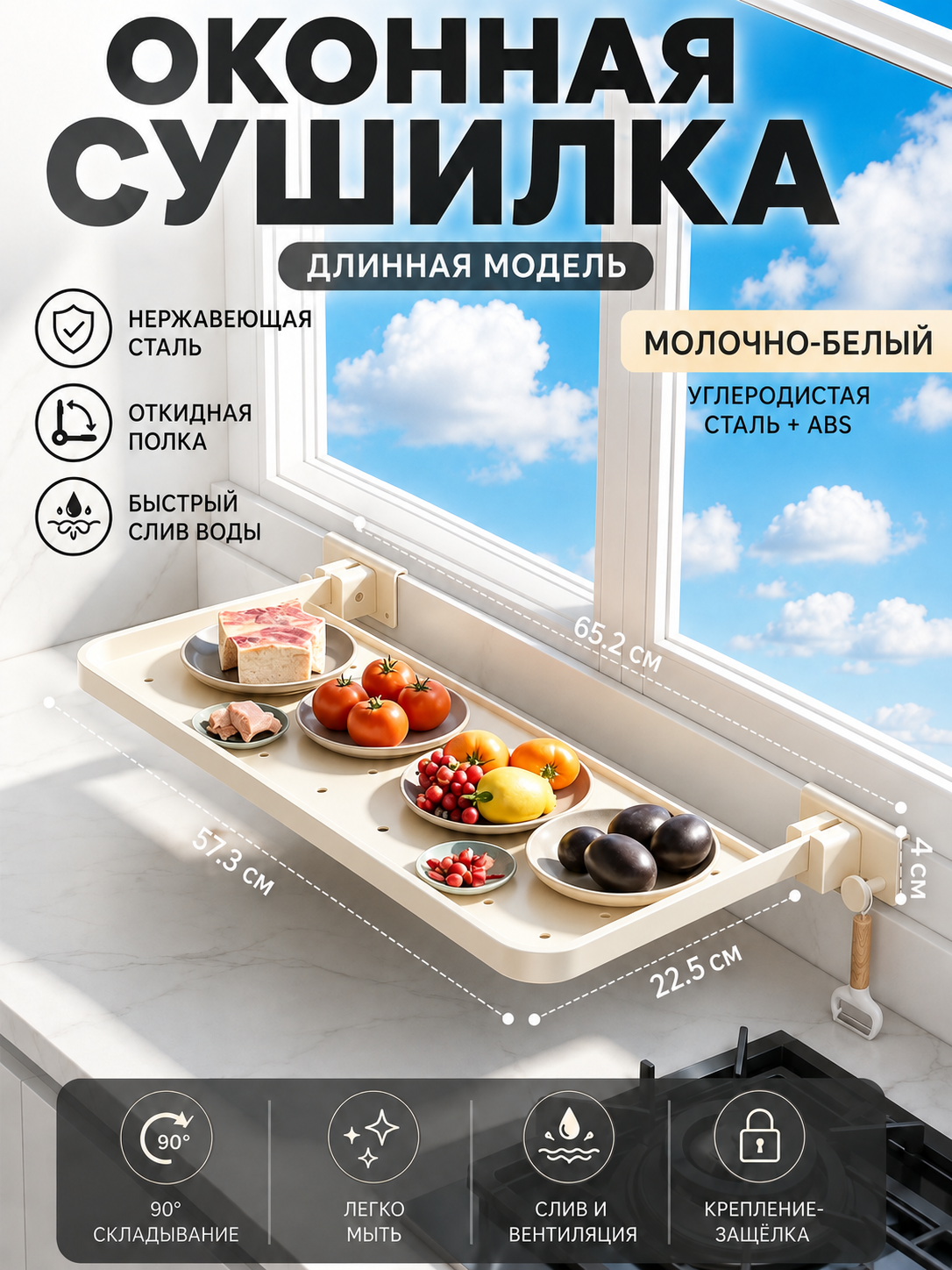 Оконная сушилка, складная модель для установки на окно на кухне, прочная конструкция из металла, подходит для сушки