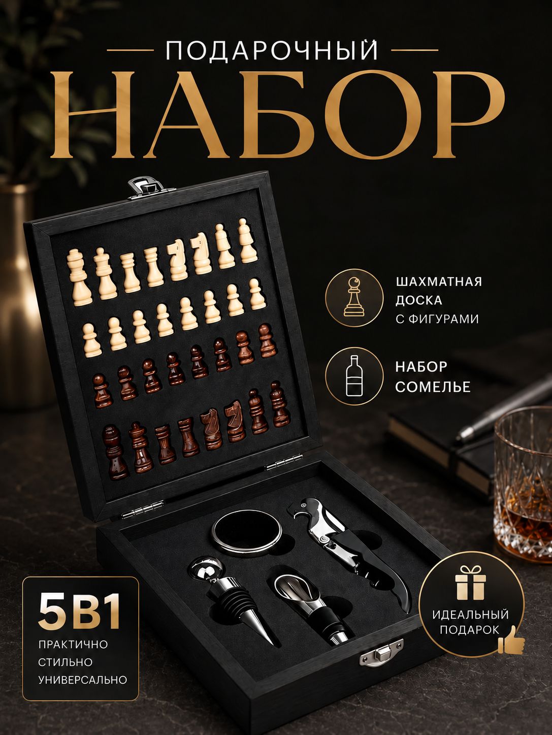 Подарочный набор 5в1 с шахматами и для вина мужчине
