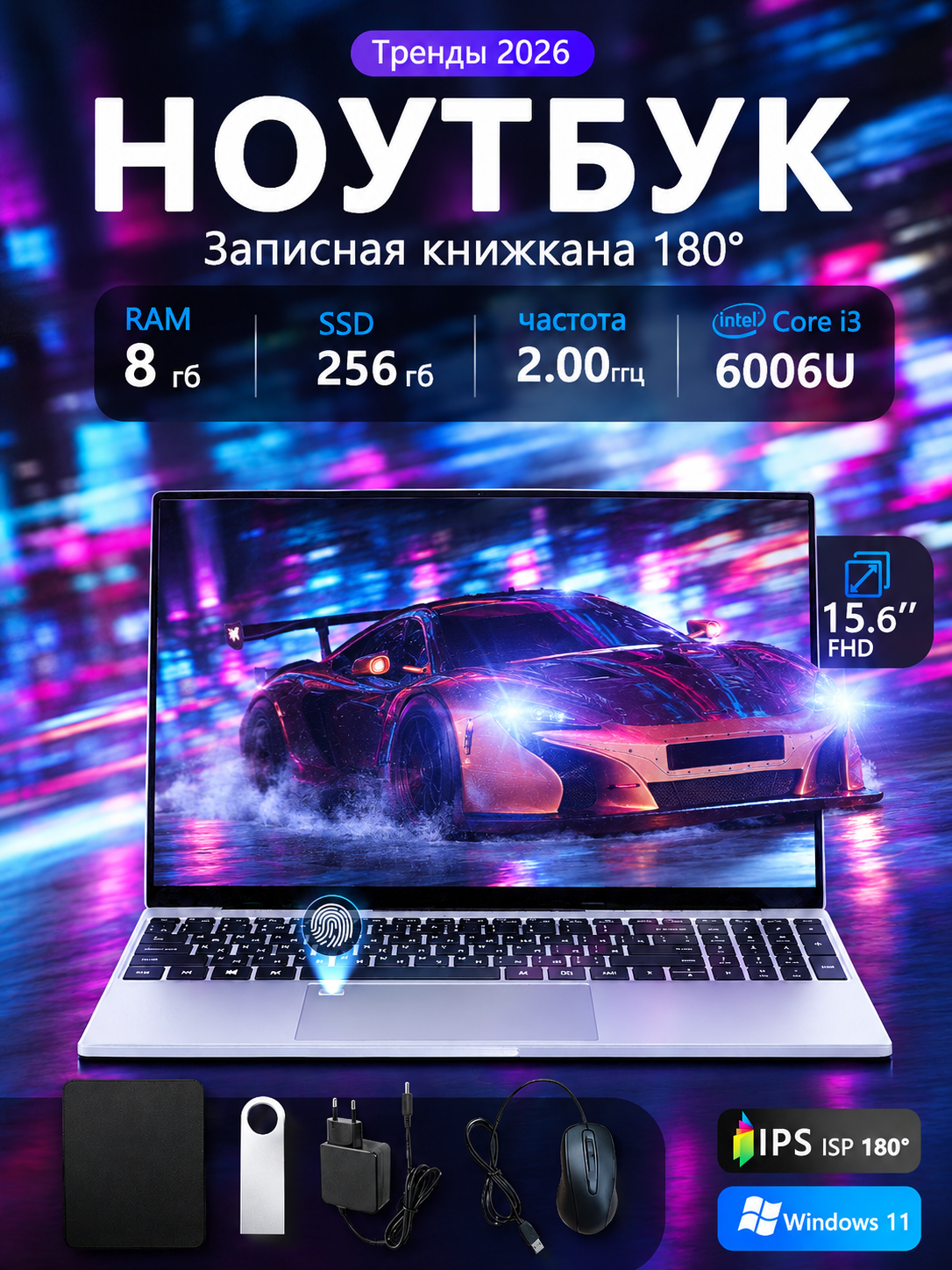 Ноутбук для учебы и работы 15.6" FHD IPS Intel Core i3 8/256 ГБ SSD Windows 11