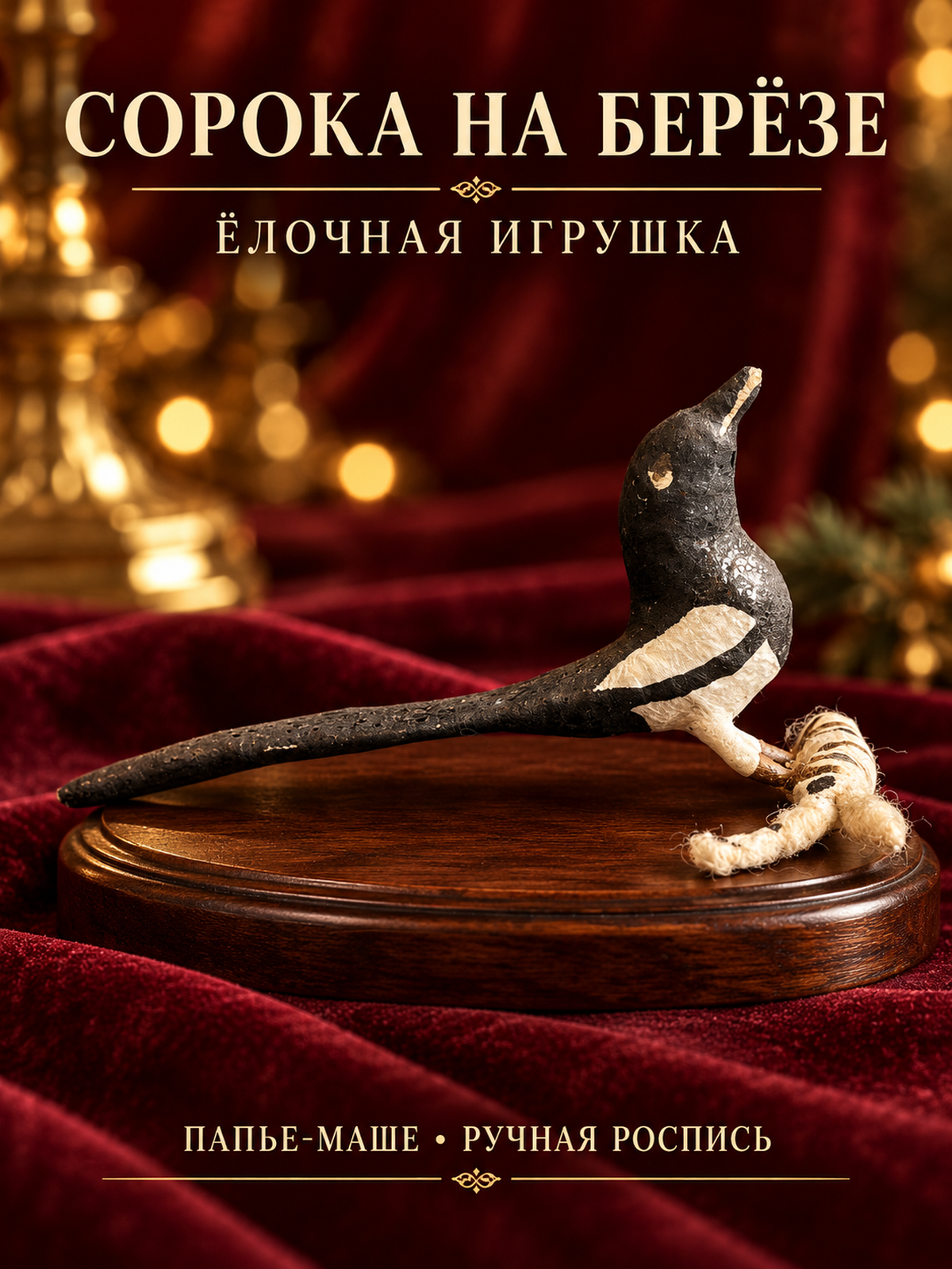 Советская елочная игрушка Сорока на березе из папье маше, ручная роспись, винтаж СССР 1950-е